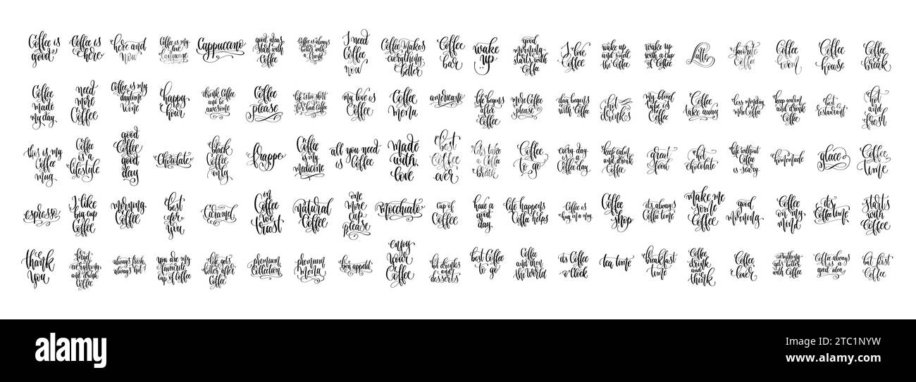 set of 100 hand lettering inscription about coffee time, calligraphy ...