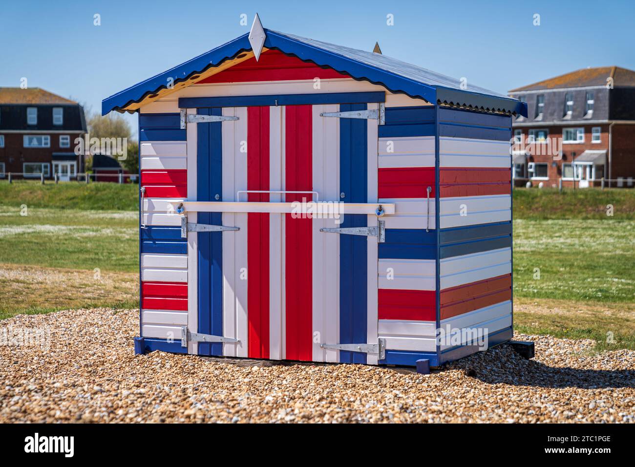 Littlestone, Kent, England - May 08, 2022: A beach hut in the colors of ...