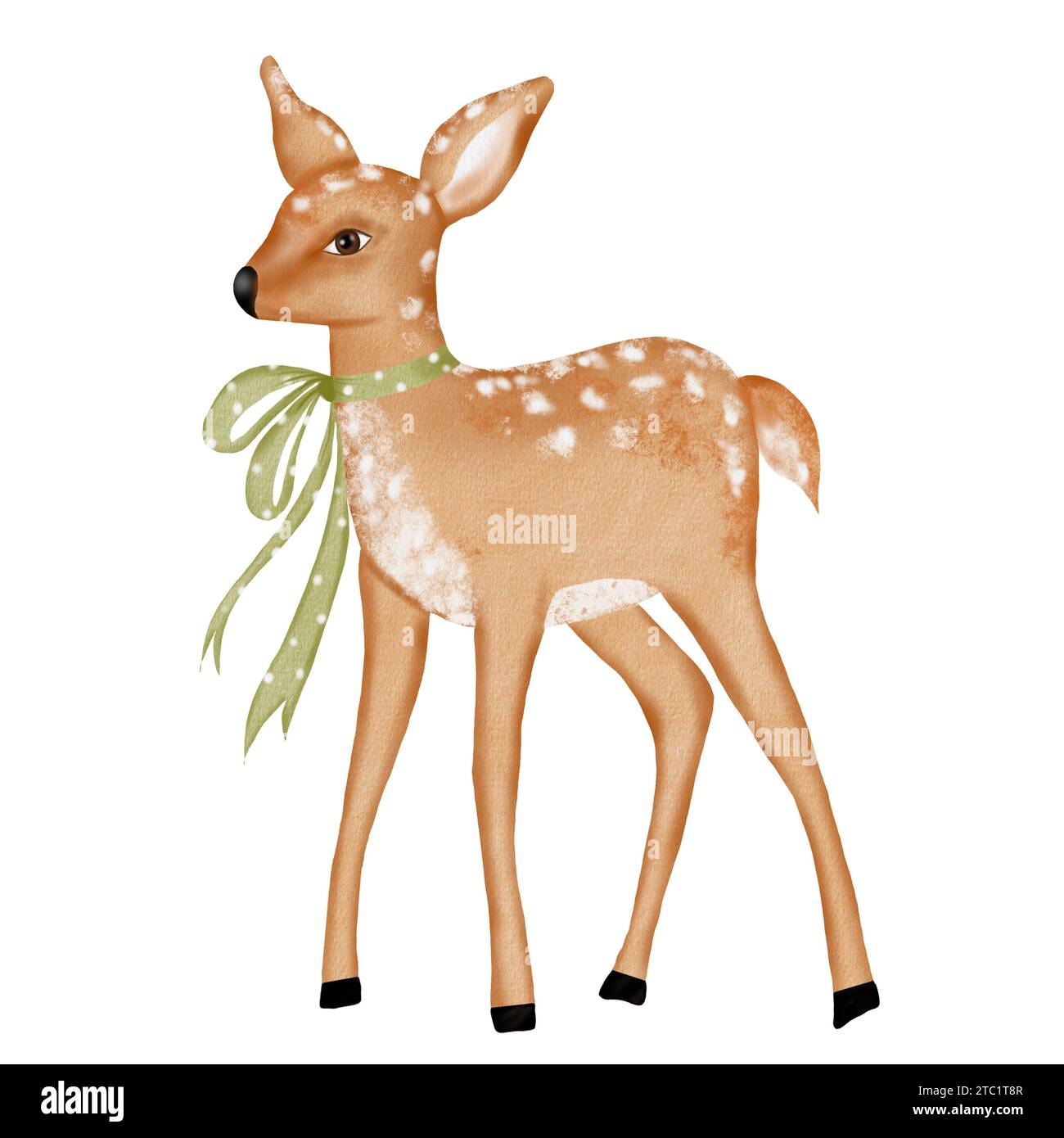 Watercolor drawing of a cute fawn with a green bow isolate on a white ...