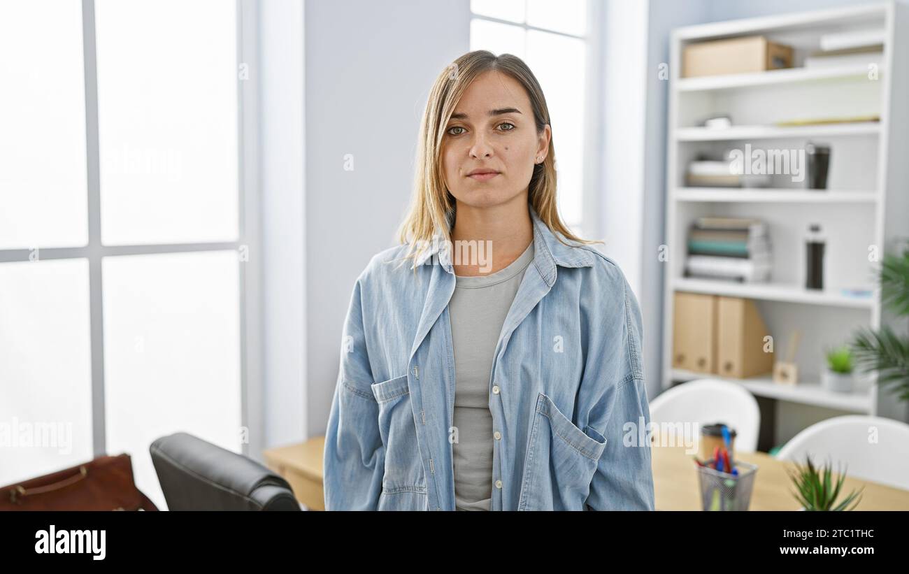 Beautiful, successful young blonde woman worker giving a serious face ...