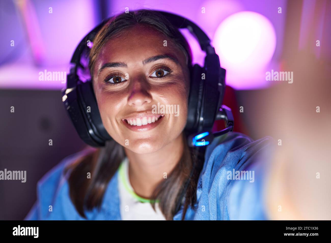 Young beautiful hispanic woman streamer smiling confident make selfie ...