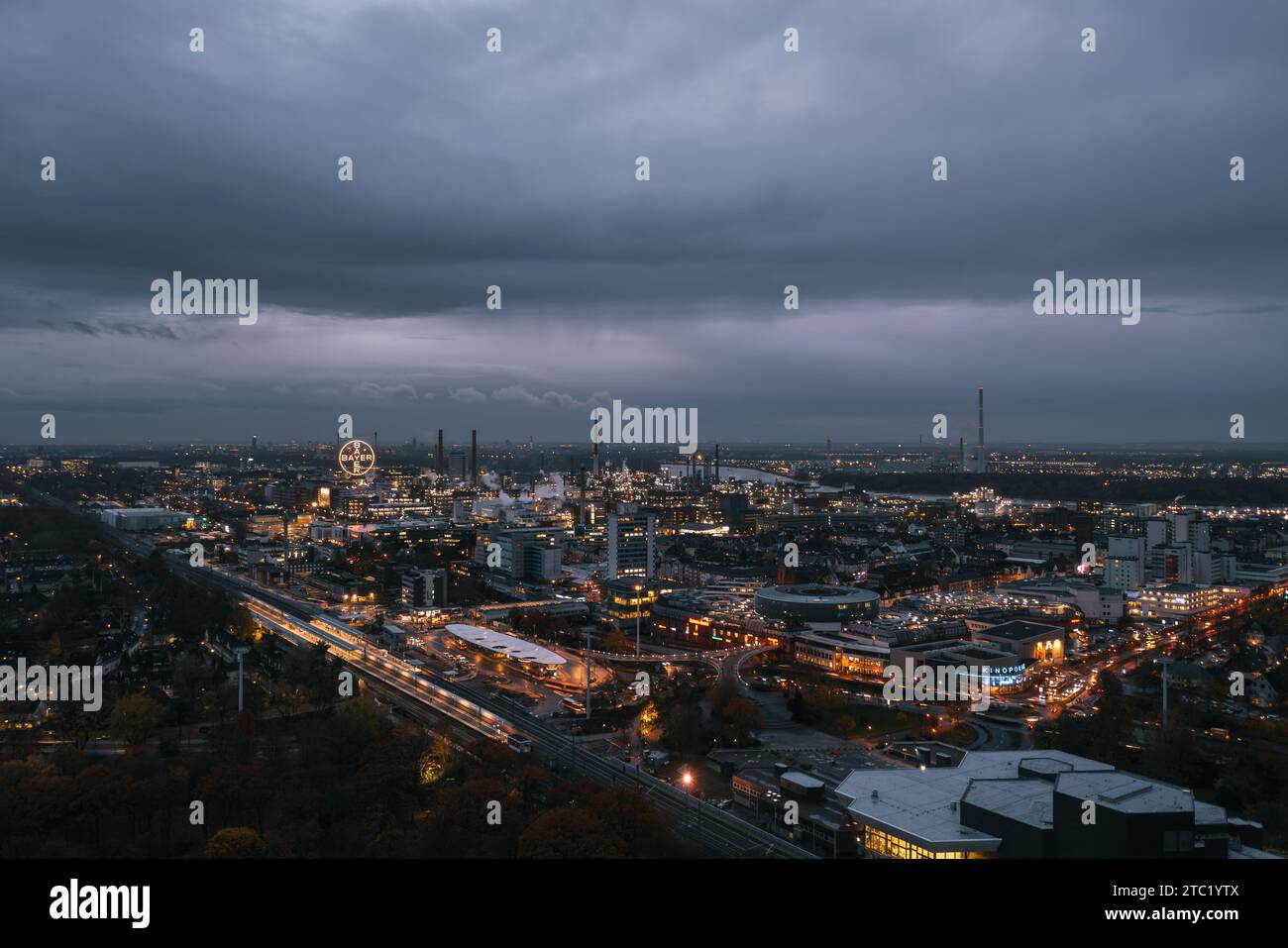 Leverkusen, North Rhine-Westphalia, Germany. Aerial night skyline view ...