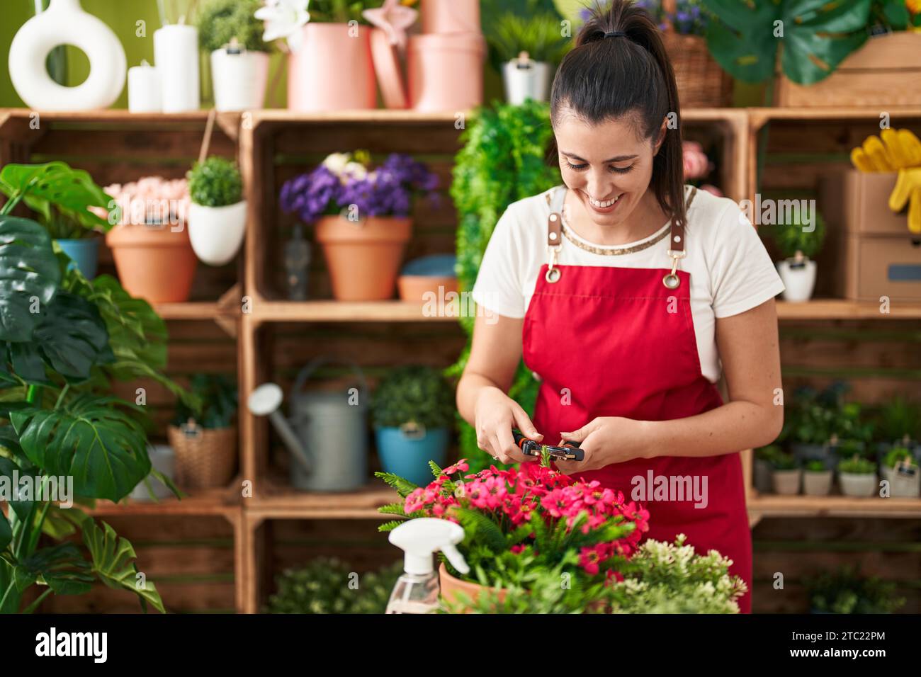 Young beautiful hispanic woman florist cutting plants at flower shop ...