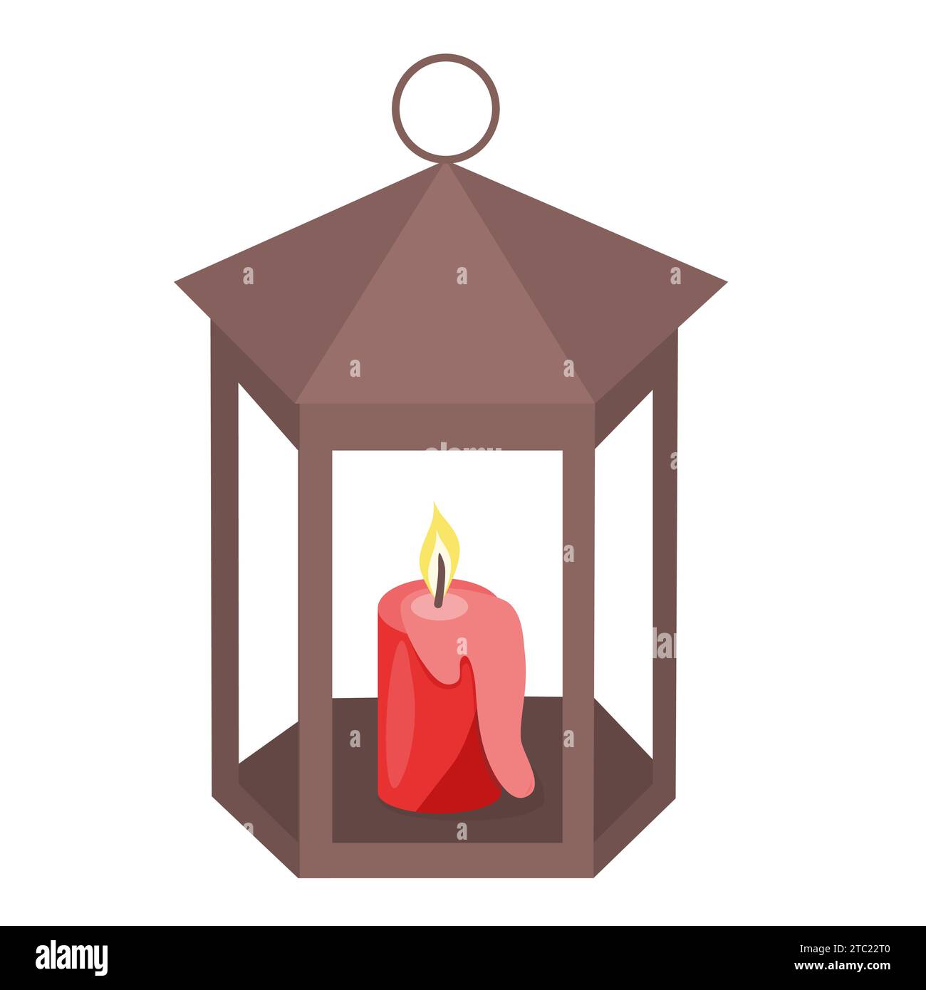 Retro metal lantern with burning red candle, front view, flat vector ...