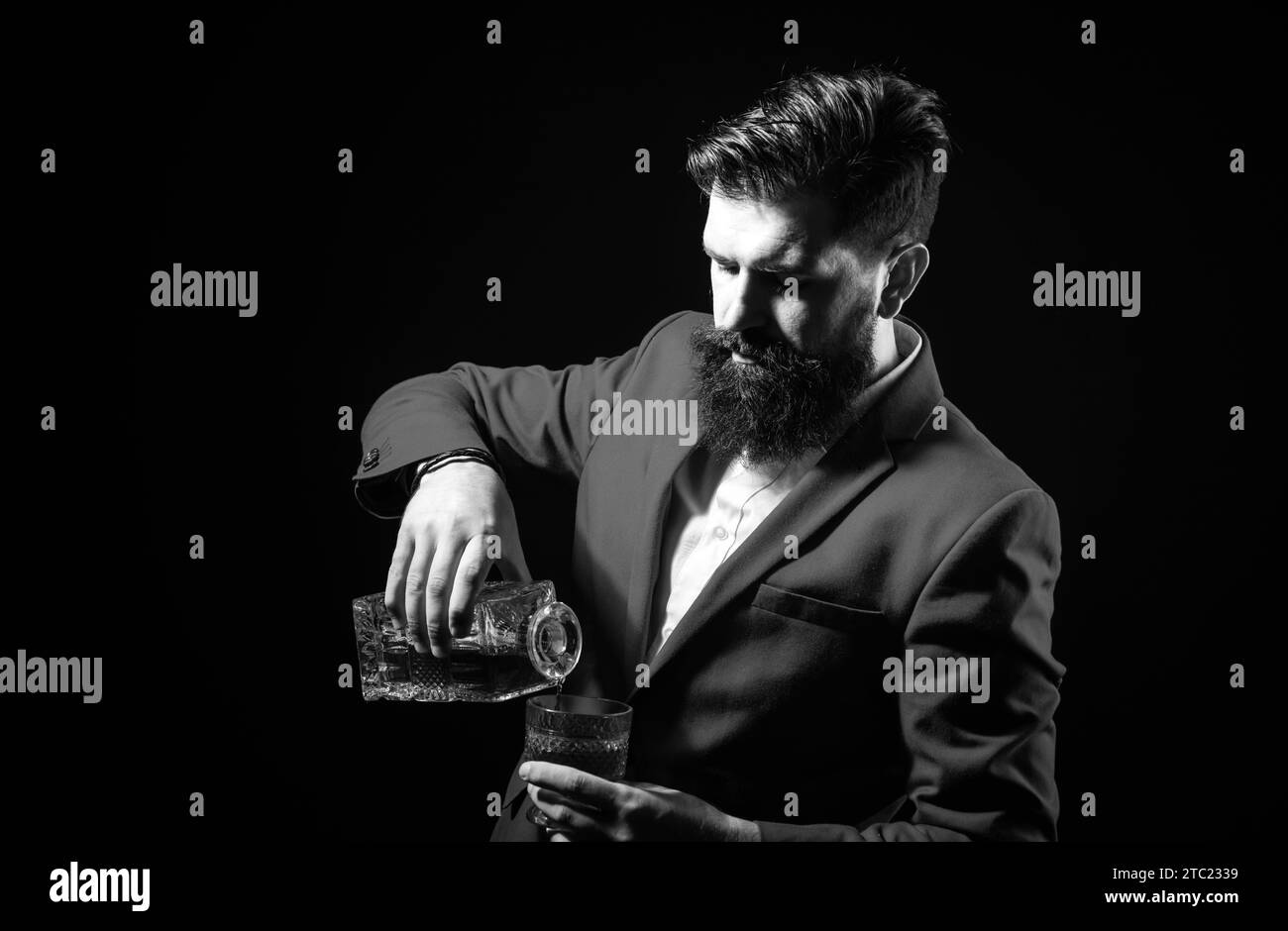 Drunk man or businessman drinks whiskey on black background. How to ...