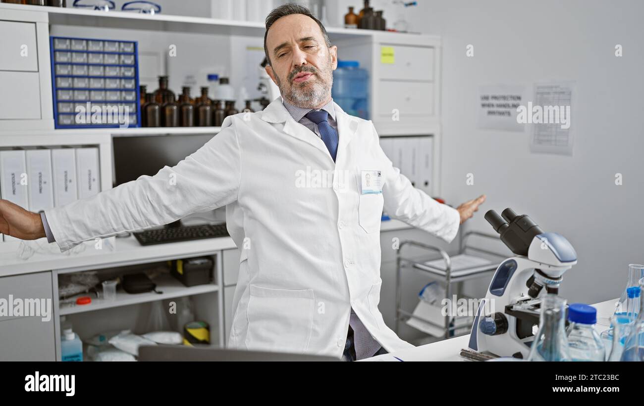 Tired middle age man, grey haired scientist in lab, stretching over ...