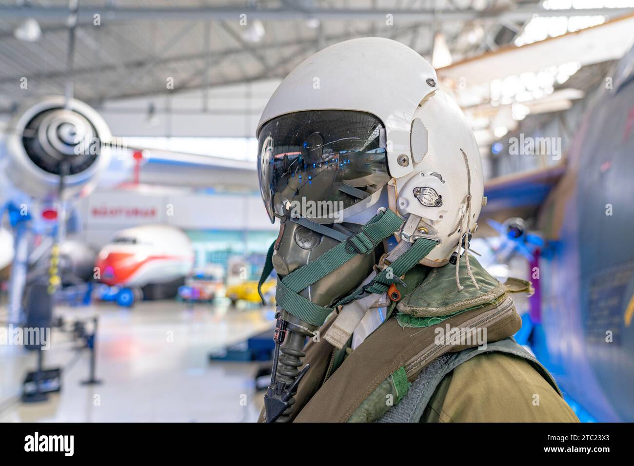 artificial dummy bust of an aviator pilot with anti-G uniform present ...