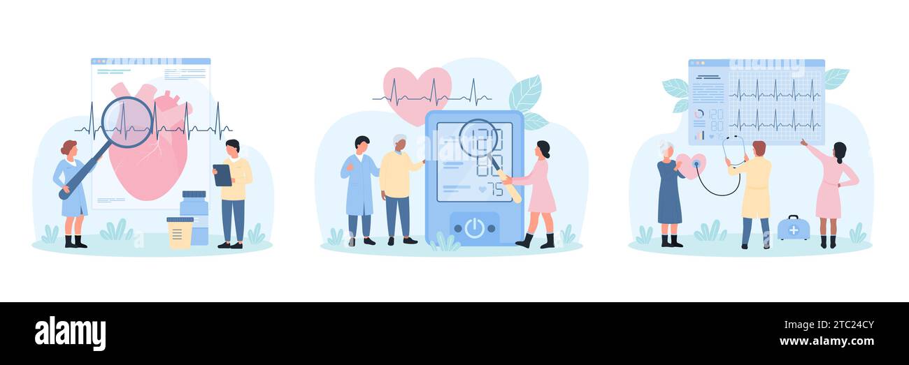 Heart health checkup, cardiology set vector illustration. Cartoon tiny ...