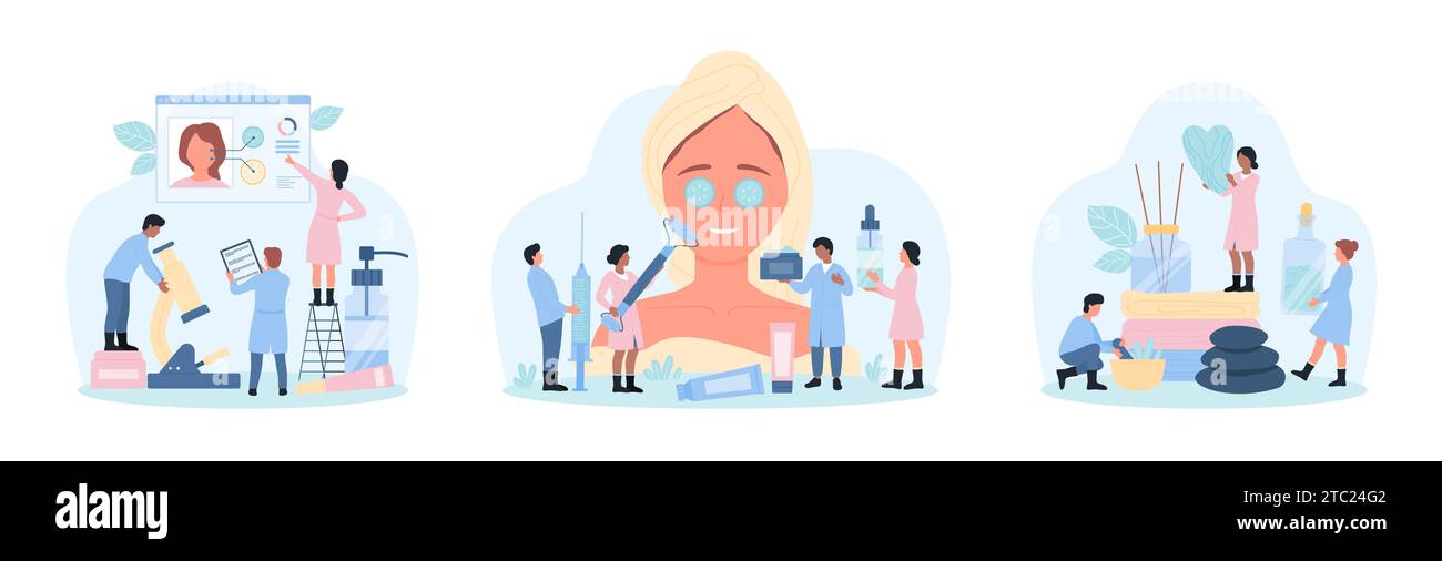 Cosmetology set vector illustration. Cartoon tiny cosmetologists using ...
