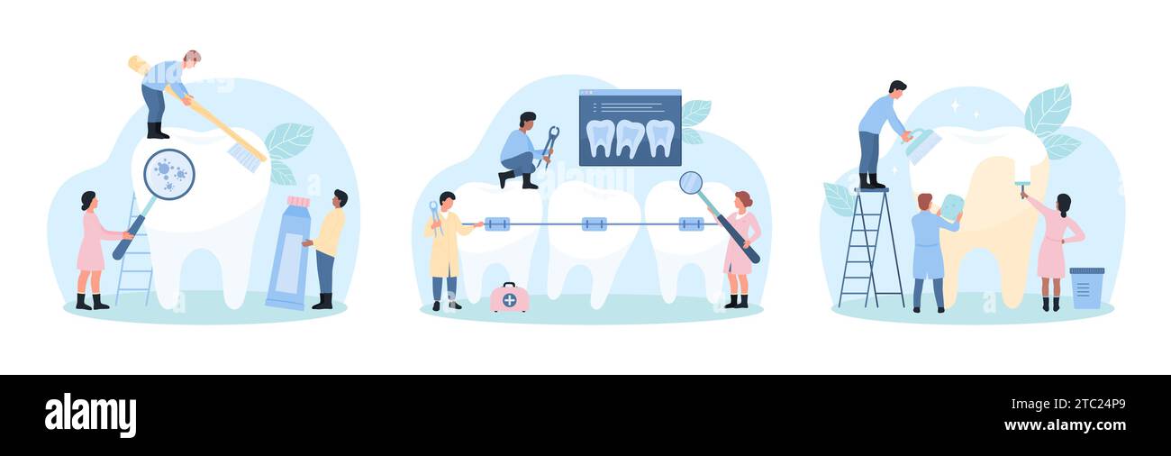 Dental care in hospital set vector illustration. Cartoon tiny dentists ...