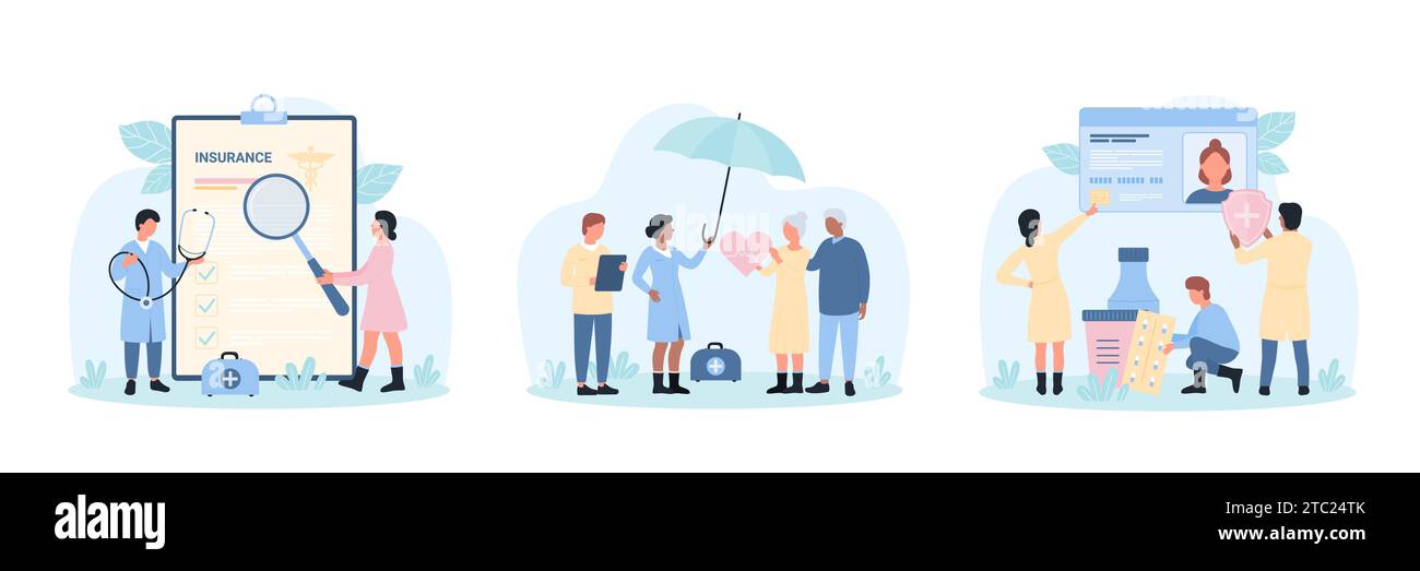 Life and health insurance set vector illustration. Cartoon tiny doctors ...