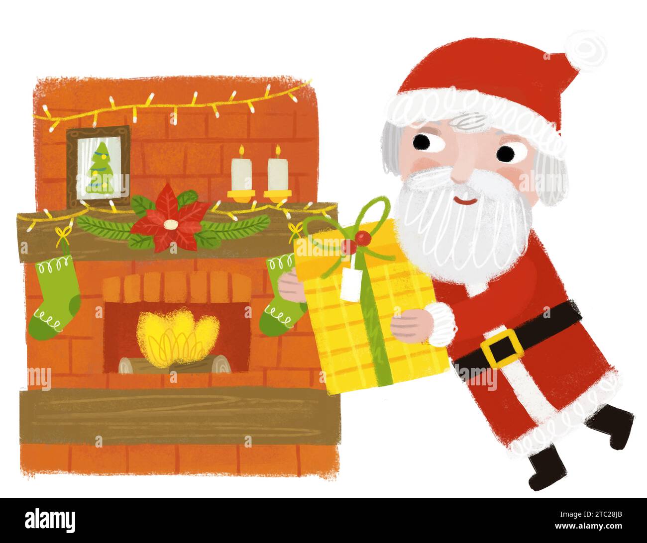 cartoon happy christmas scene with decorated warm fireplace chimney ...