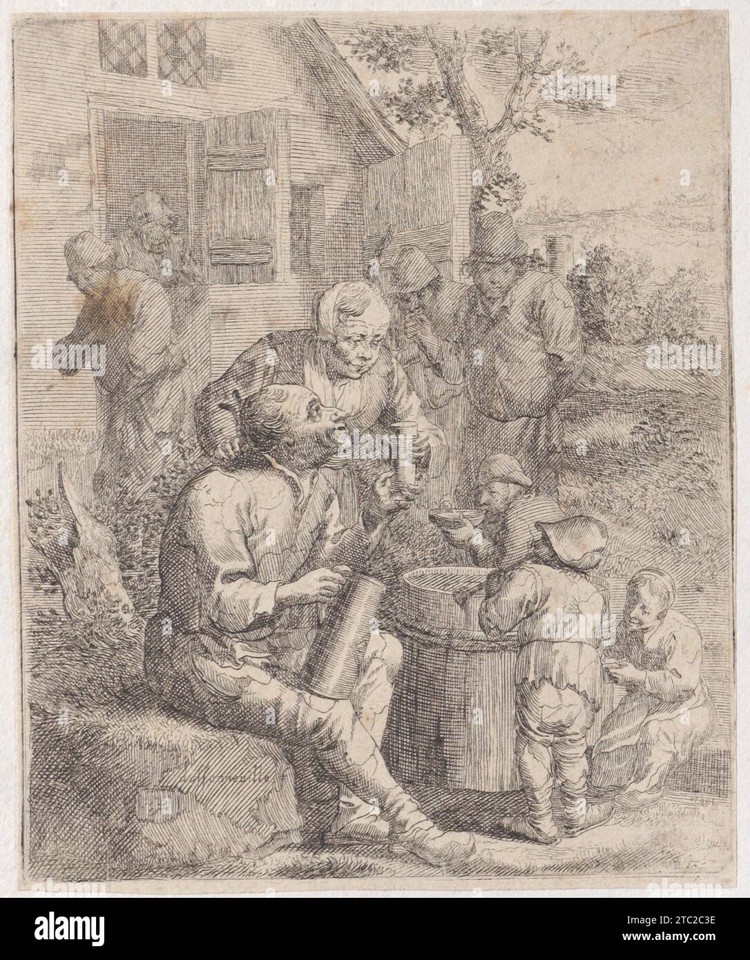 Nine peasants outside of a rustic house, with a seated man holding a ...