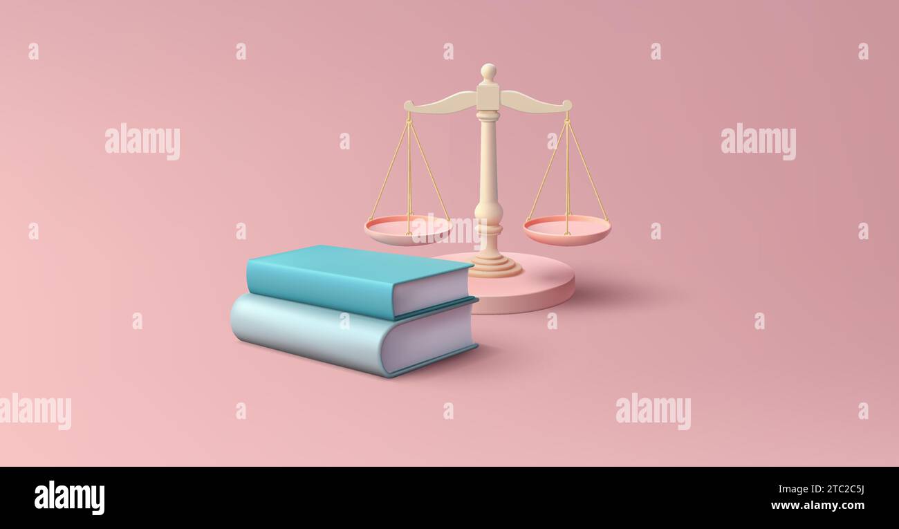 Justice 3d scales with pile of law books, equality render illustration ...