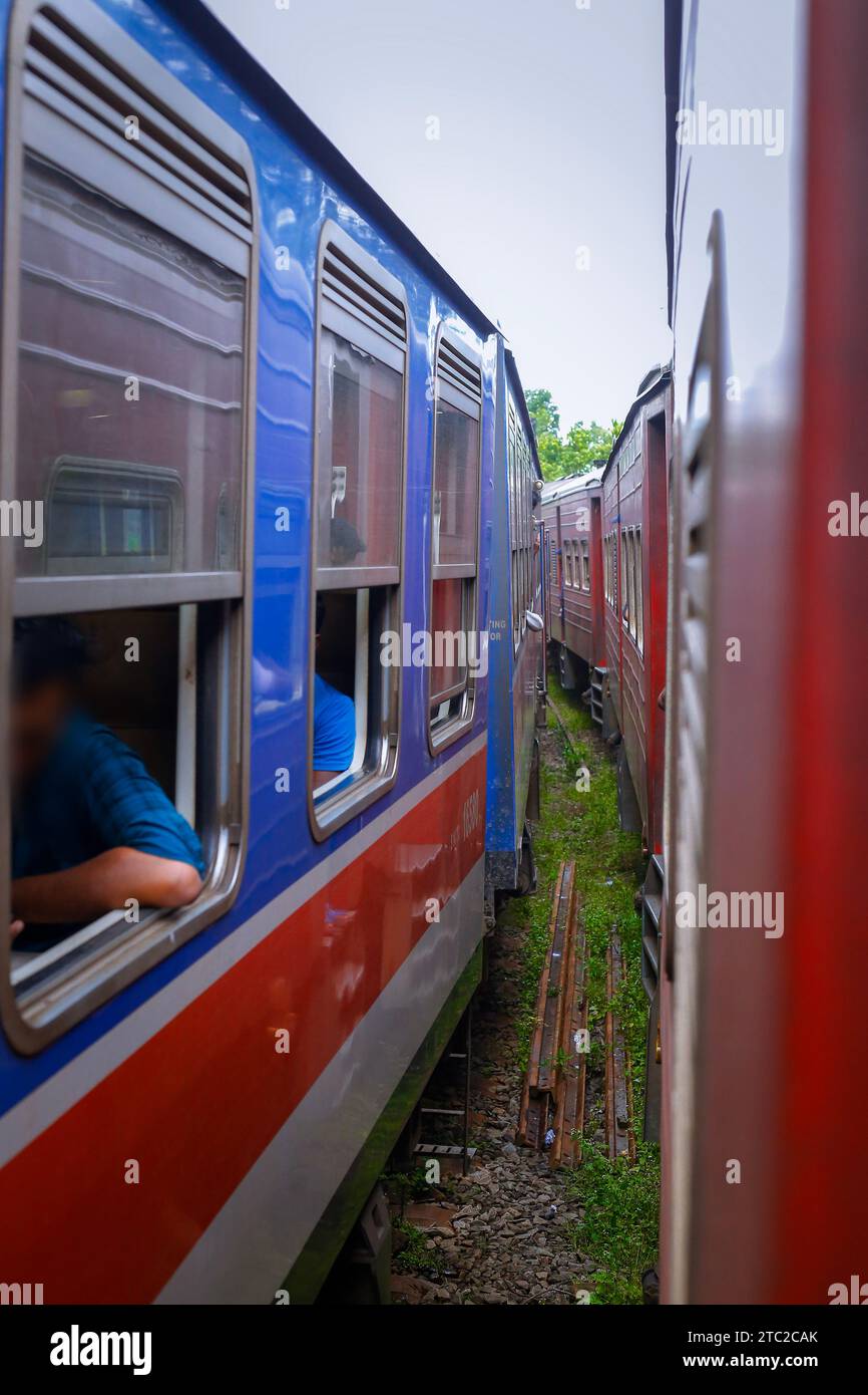 A scene where old and new trains meet head to head Stock Photo - Alamy