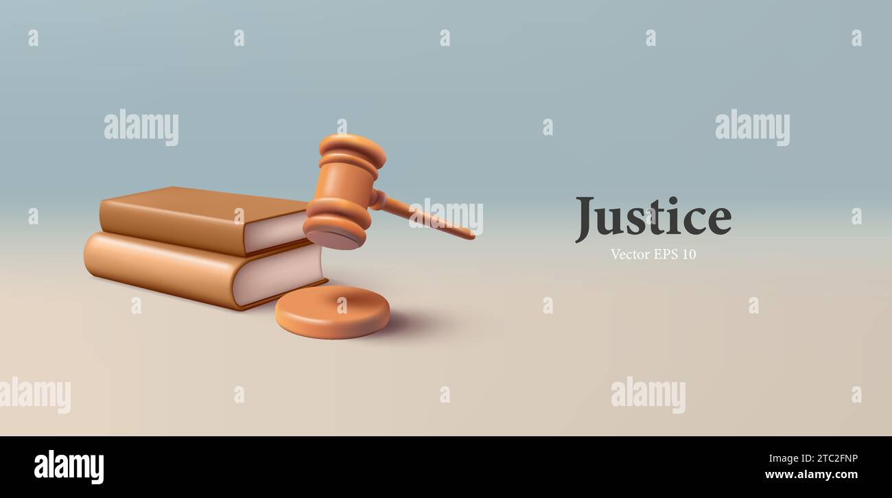 Wooden Judge Gavel 3d render vector illustration with law books ...
