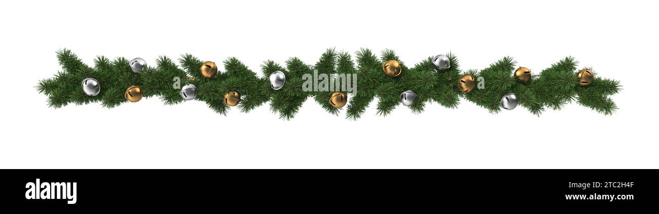 Christmas garland of tree branches with golden bells 3 D illustration ...