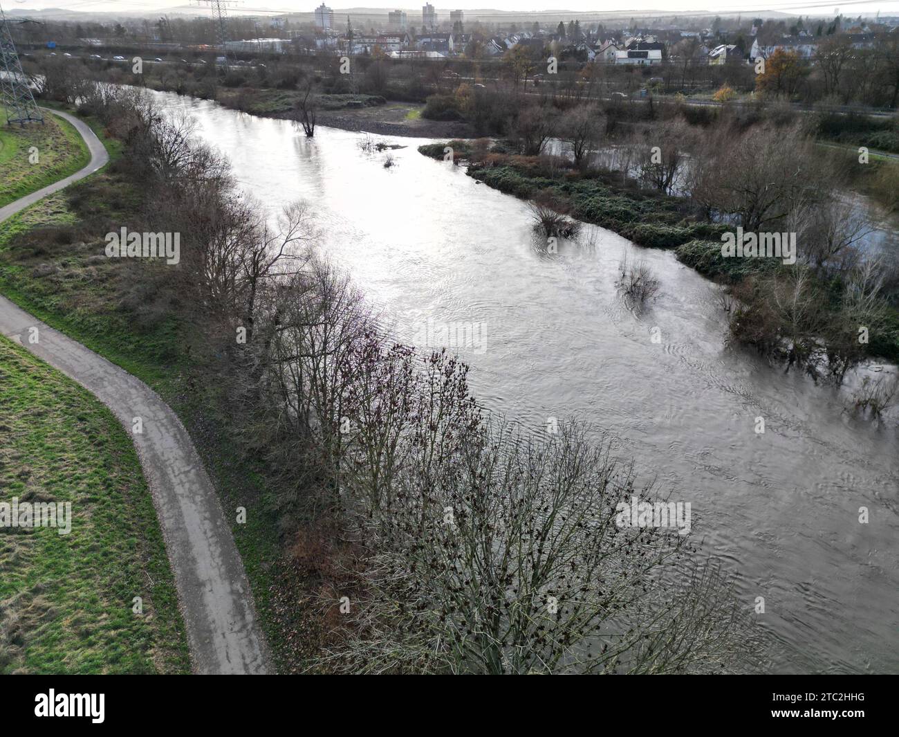 Siegburg, Germany. 10th Dec, 2023. Floods on the River Sieg (aerial ...