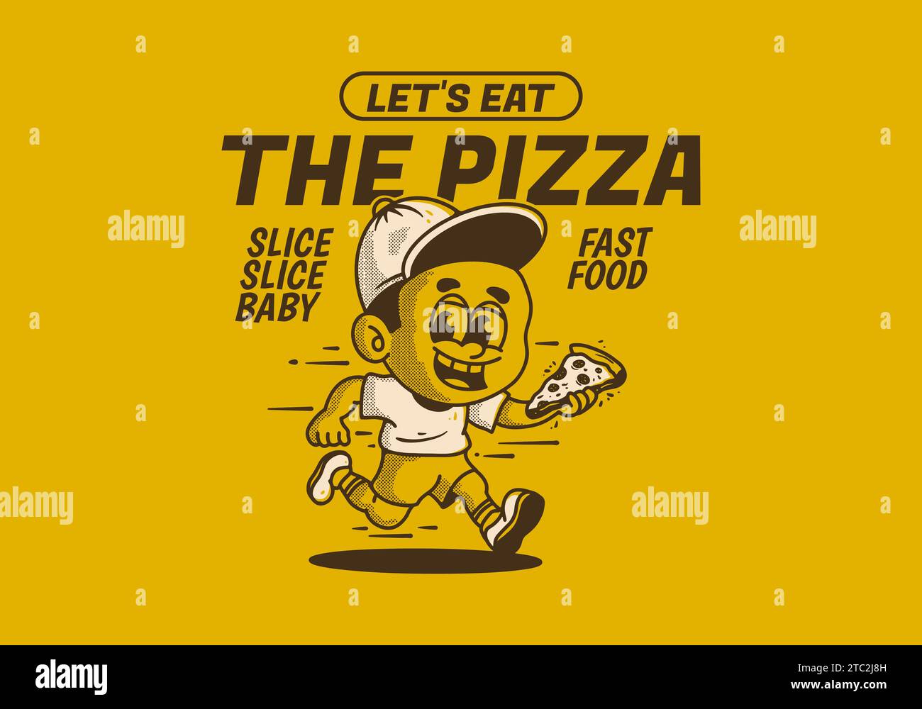 Let's eat the pizza. A boy character running and holding a slice pizza ...