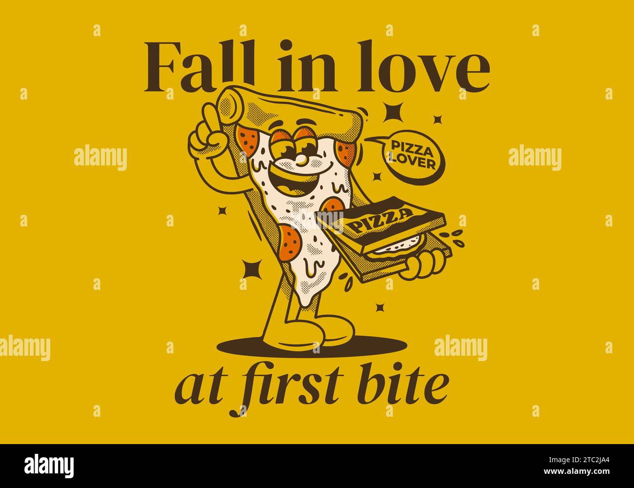 Fall in love at first bite. Mascot character of pizza holding a box ...