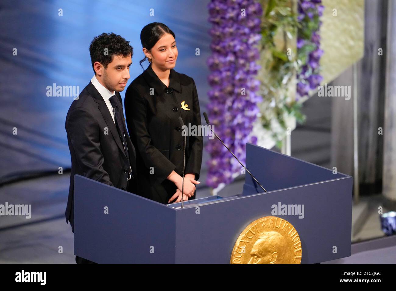 Oslo 20231210.Ali and Kiana Rahmani during the awarding of the Nobel ...