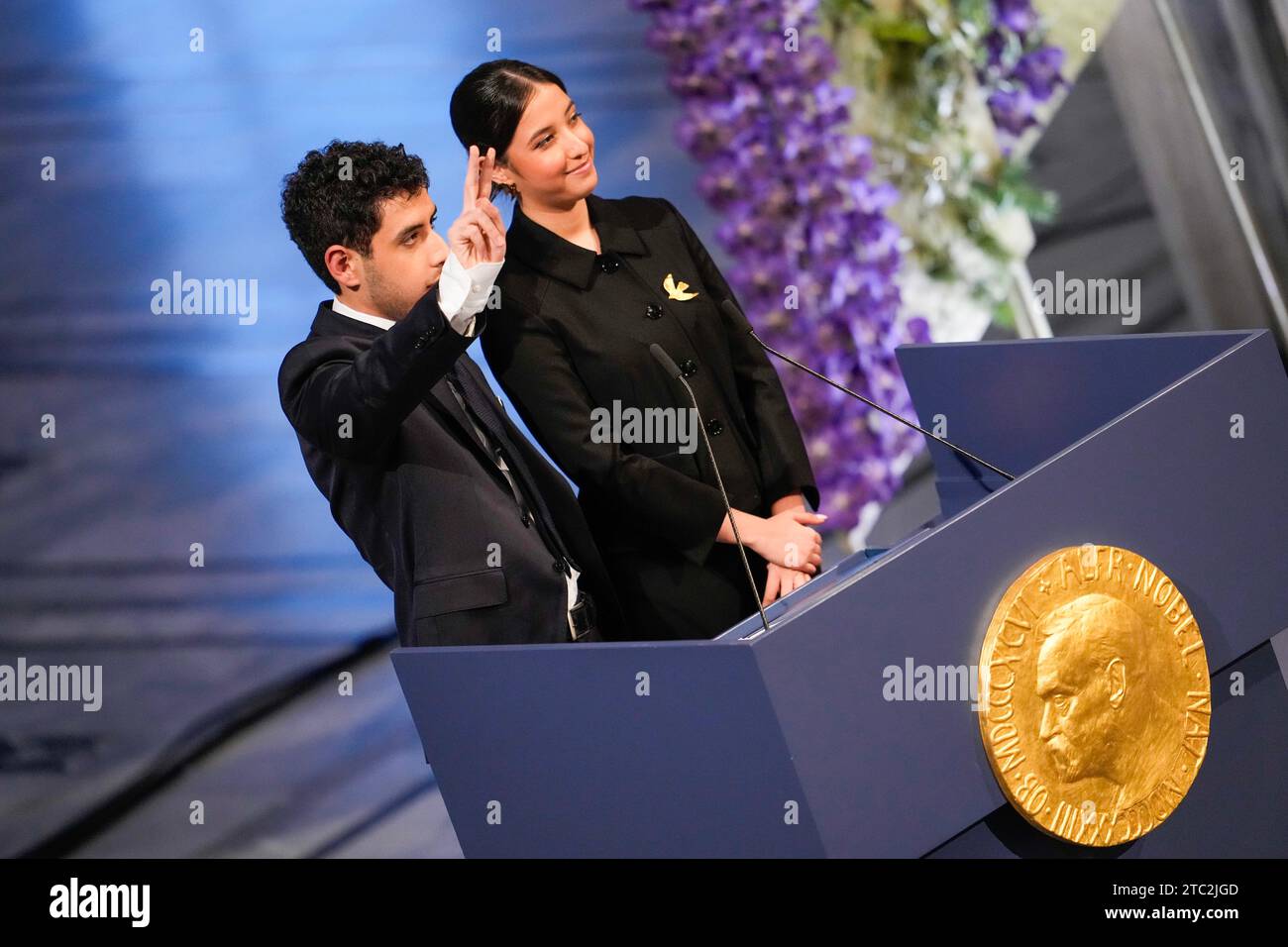 Oslo 20231210.Ali and Kiana Rahmani during the awarding of the Nobel ...