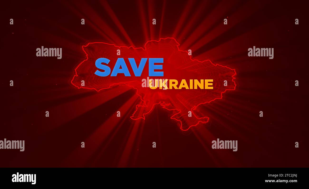 Map of Ukraine with a red outline and rays of light on a dark ...