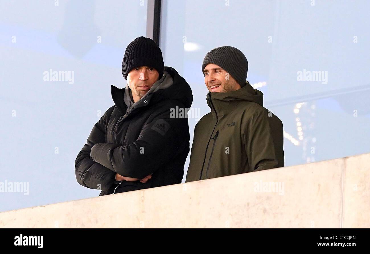 Kevin Sinfield (left) and Richard Wigglesworth in the stands during the ...