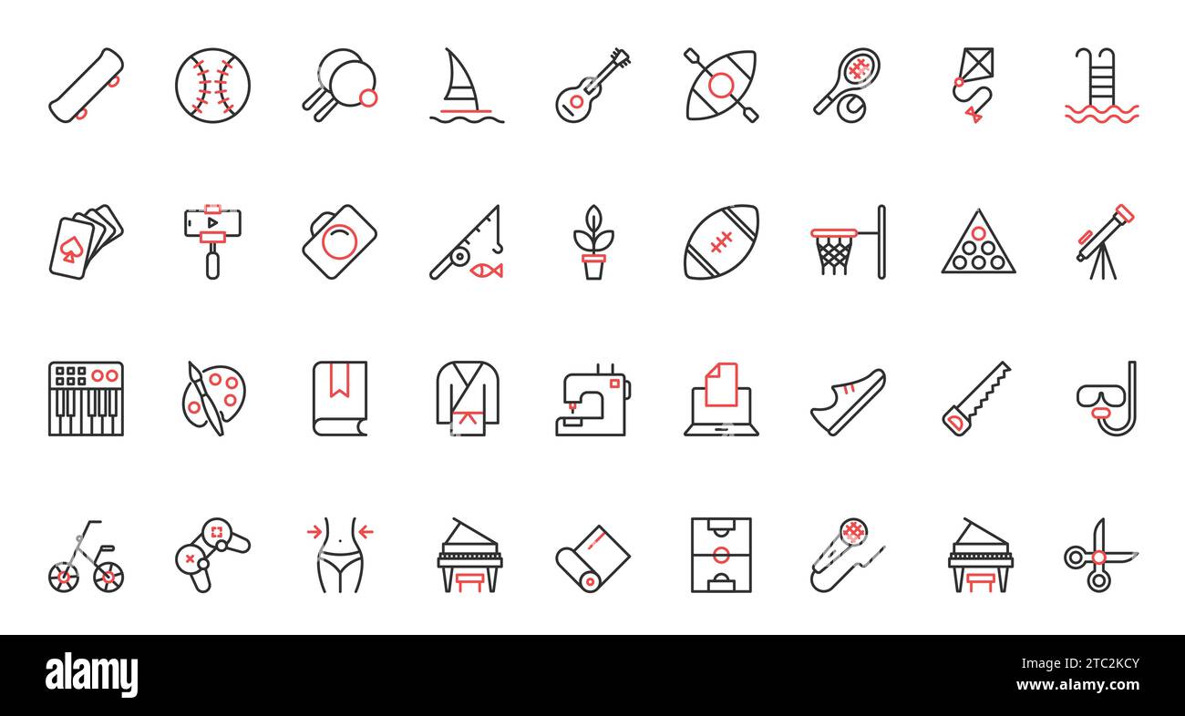 Hobby red black thin line icons set vector illustration. Weekend leisure and sport game symbols ...