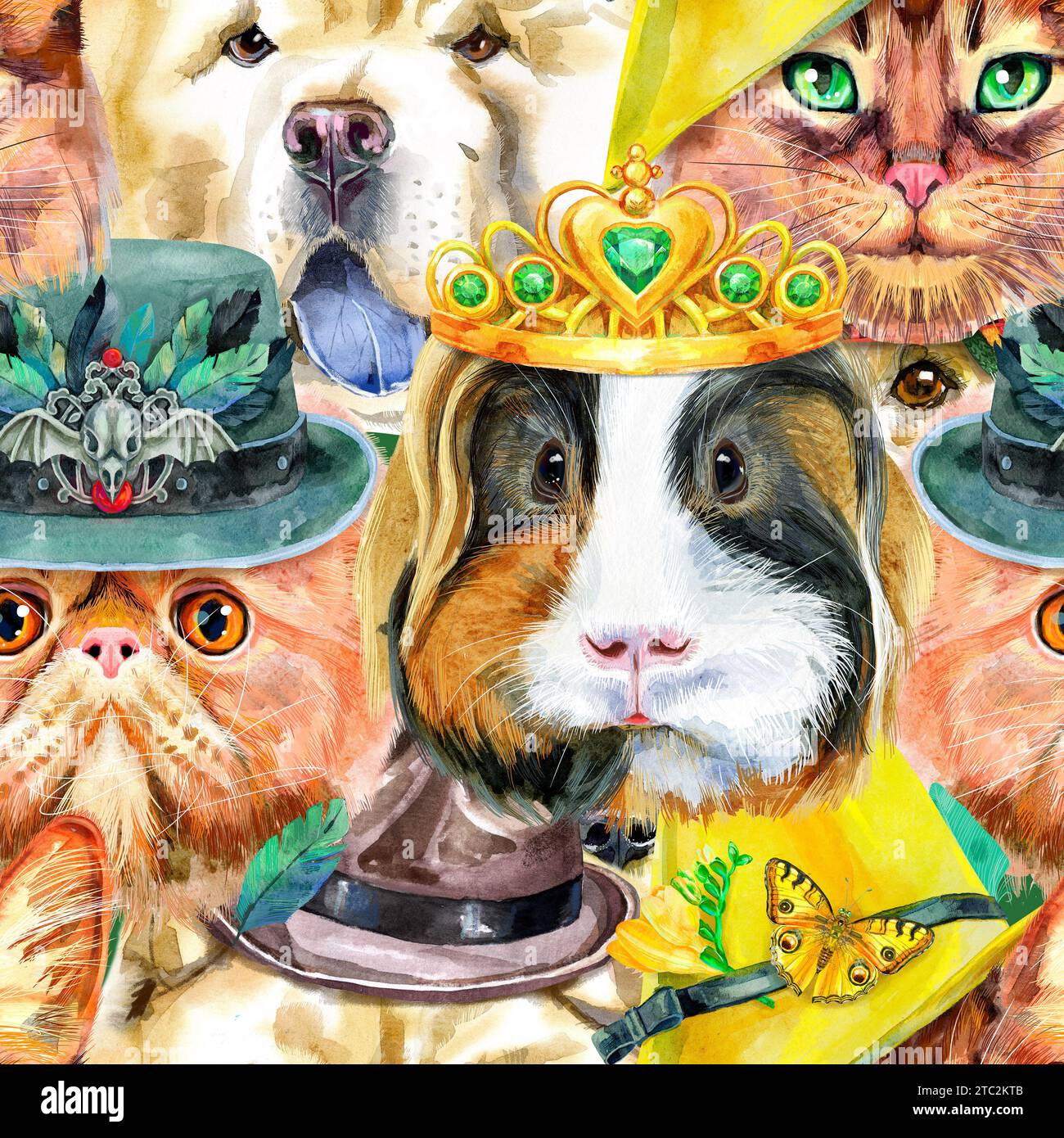 Seamless pattern of of dog, guinea pig, cat. Watercolor pets ...