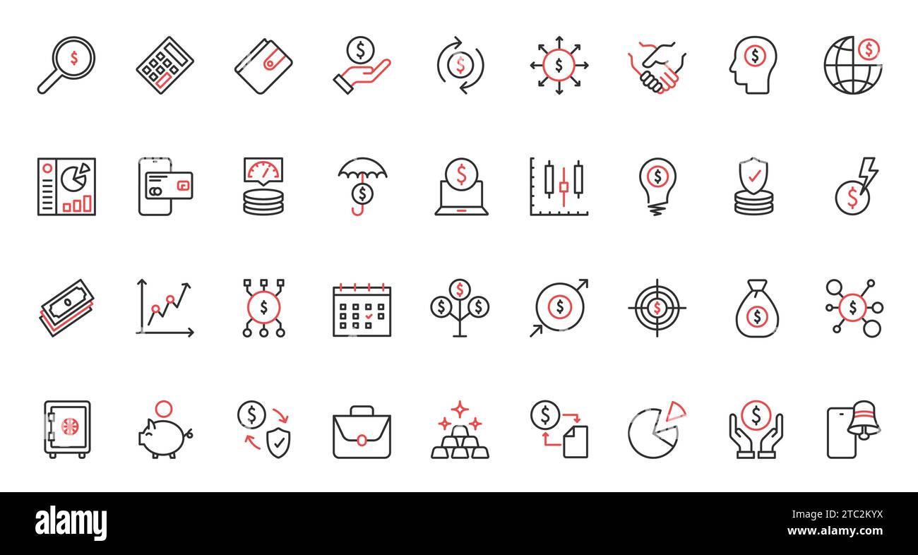Money income and expenses, global finance red black thin line icons set ...