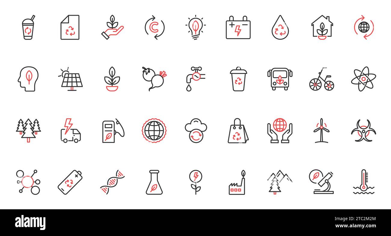 Ecology, green recycle technology, environment trendy red black thin line icons set vector ...