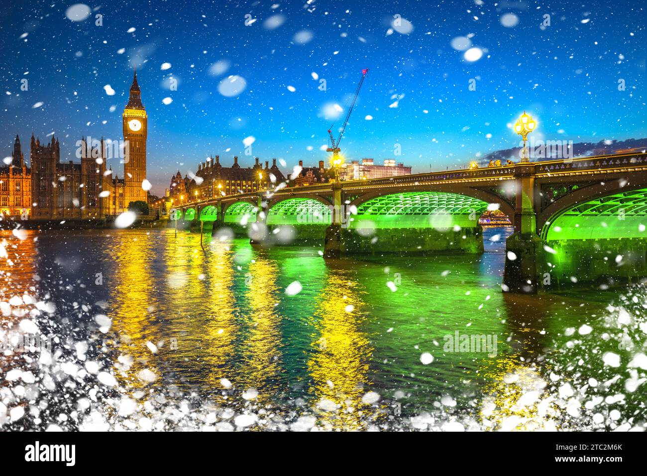 Big Ben clock tower in London sundown winter snow view from Thames ...