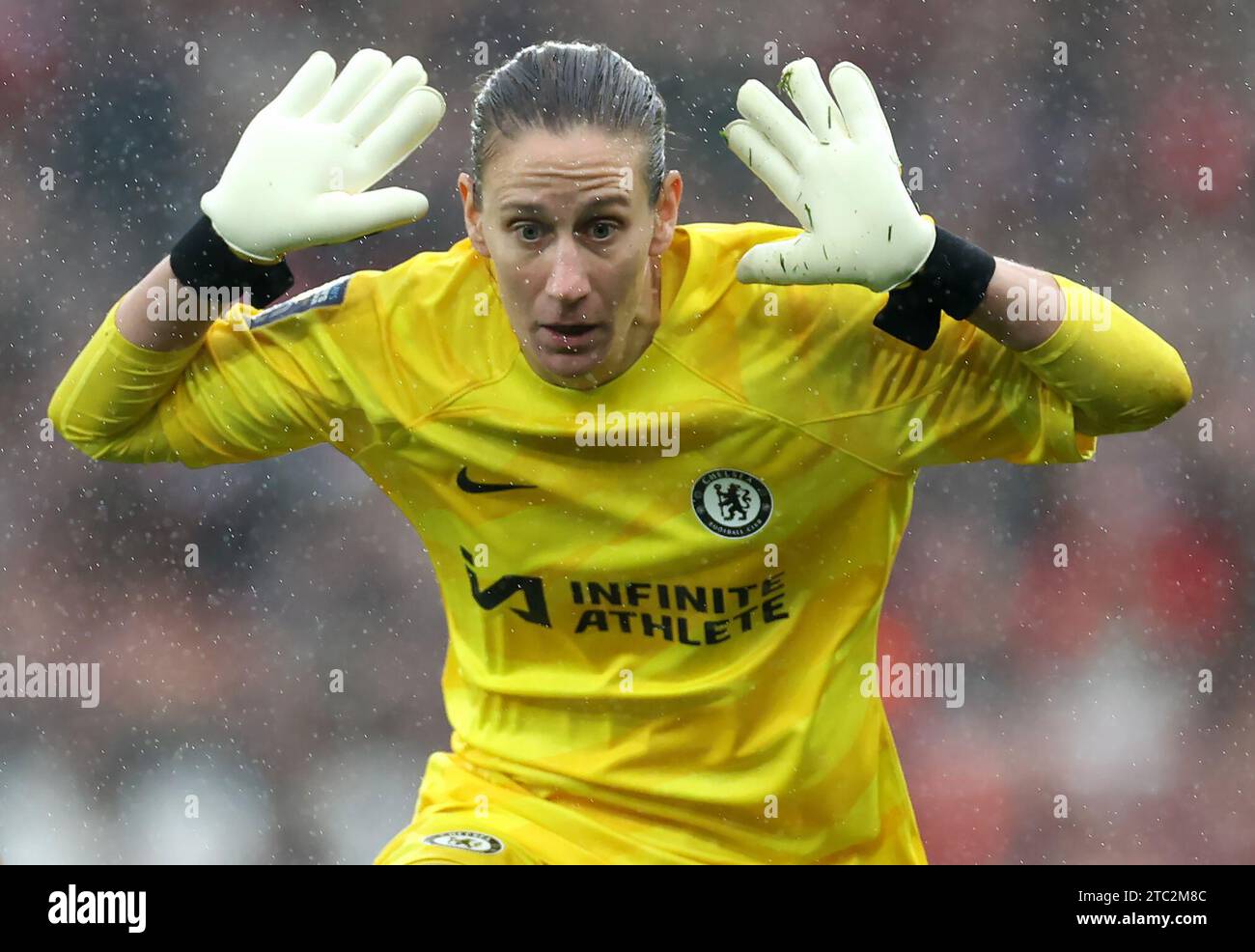 Chelsea goalkeeper Ann-Katrin Berger reacts after giving away a penalty ...