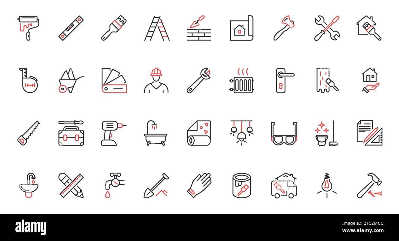 Home repair and decoration red black thin line icons set vector illustration. House renovation ...