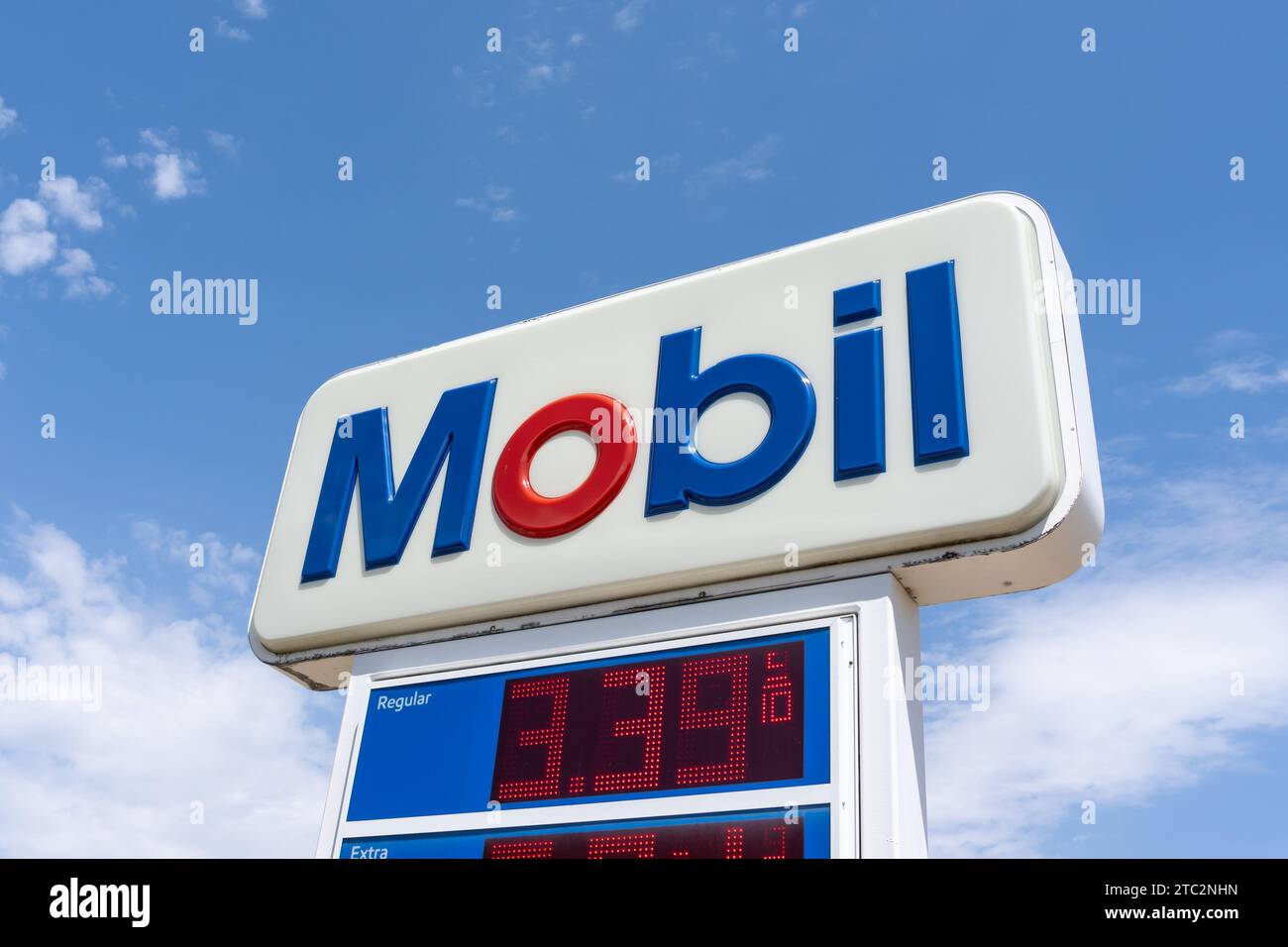 Close up of the Mobil logo at a gas station is shown. Madison ...