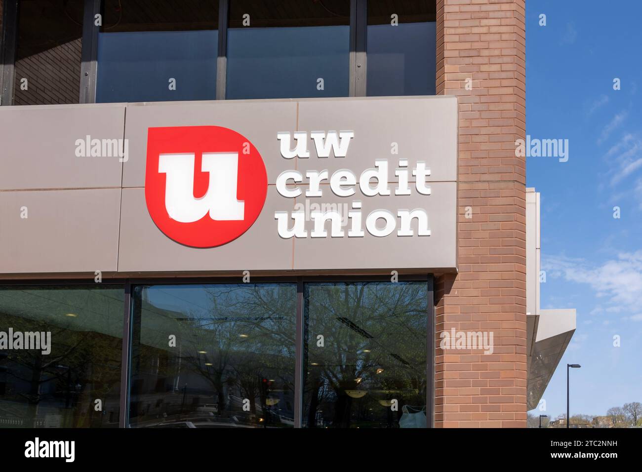 Close up of the UW Credit Union logo sign on the building on Mifflin St ...