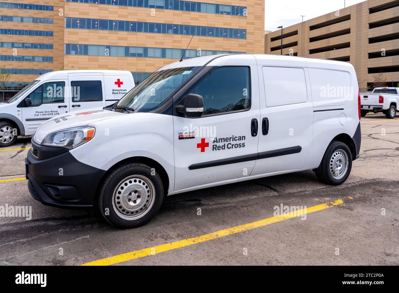 Two American Red Cross vans in the parking lot. Madison, WI, United ...