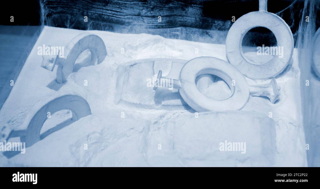 Objects printed on a 3D printer from powdered polyamide lying in white ...