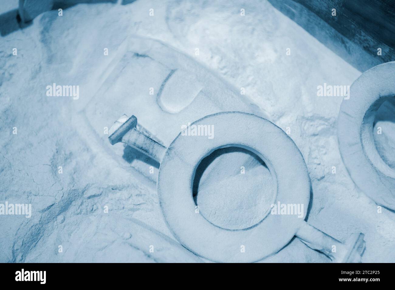 Objects printed on a 3D printer from powdered polyamide lying in white ...