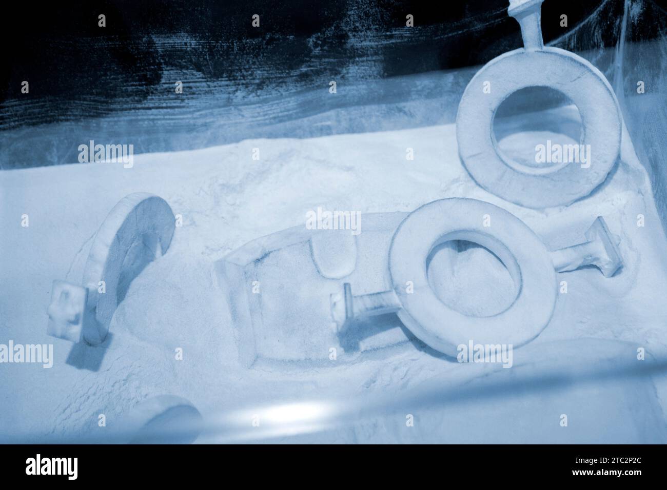 Objects printed on a 3D printer from powdered polyamide lying in white ...