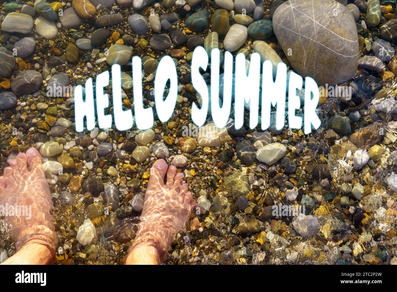 Hello Summer and tropical leaves. Summer holidays and adventures. foot ...