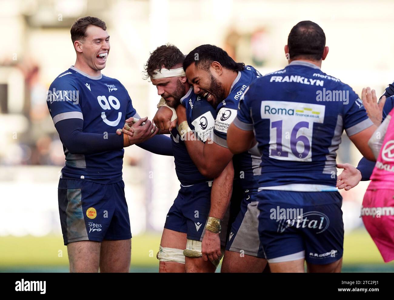Sale Sharks' Manu Tuilagi celebrates with Tom Roebuck and Sam Dugdale ...