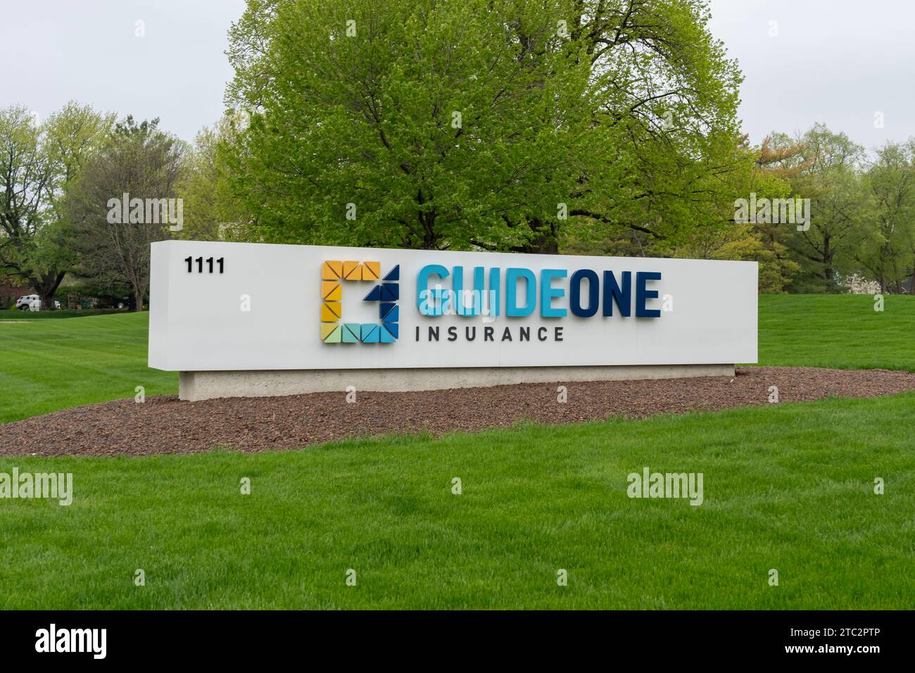 GuideOne Insurance ground sign outside the headquarters in West Des ...