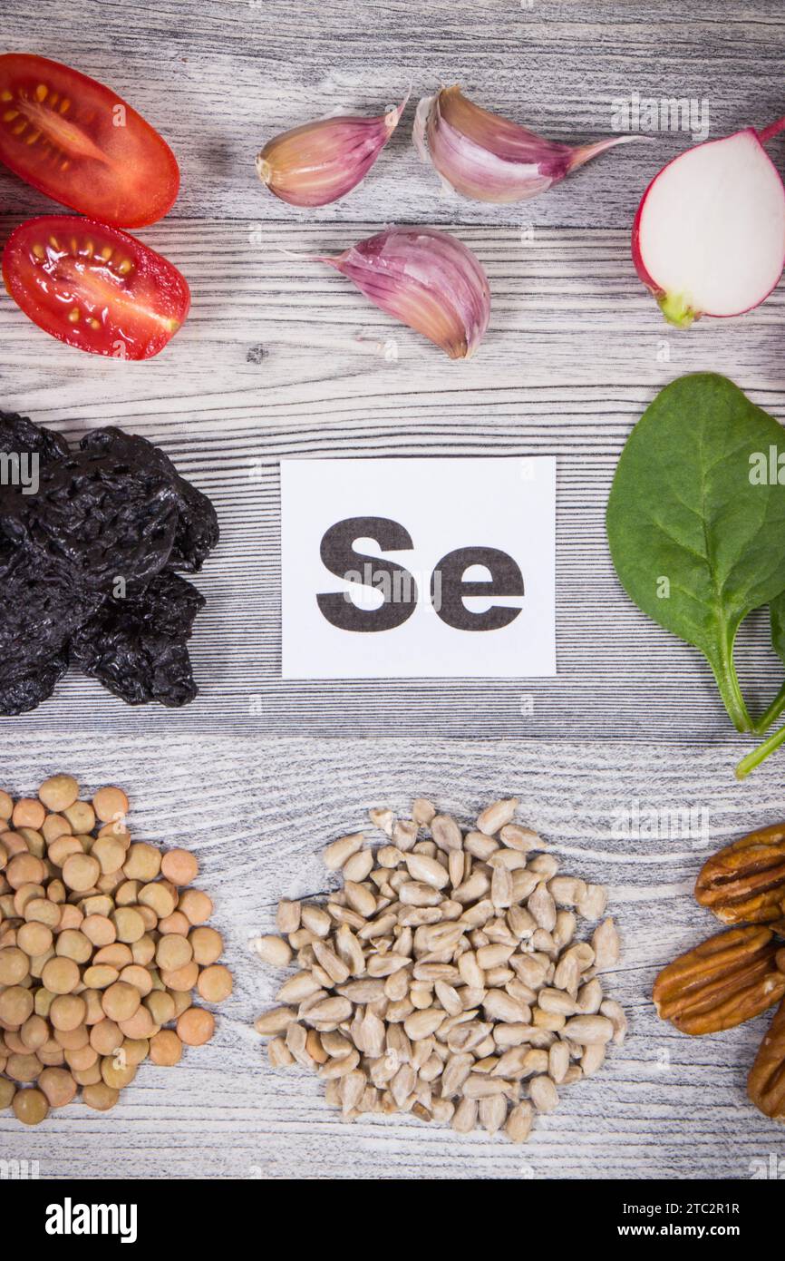 Healthy nutritious food and various ingredients containing natural ...