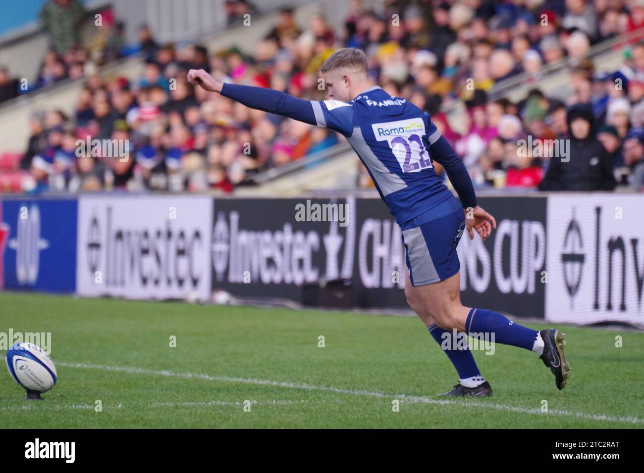 Salford, 10 December 2023. Tom Curtis kicking a conversion for Sale ...