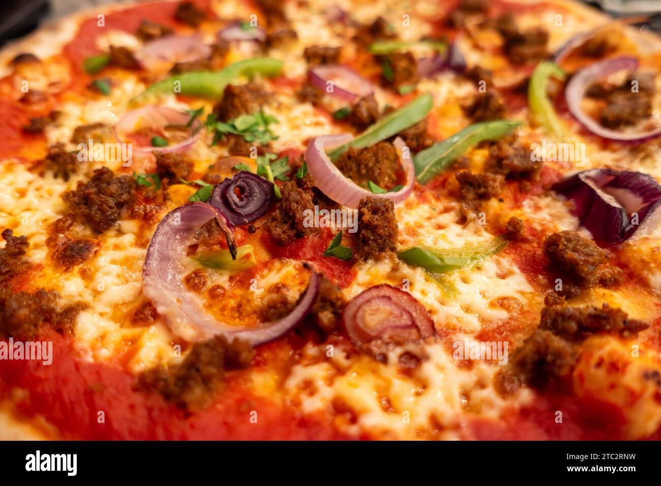 Close up of a pizza in a restaurant with cheese, tomato, onion, pepper ...