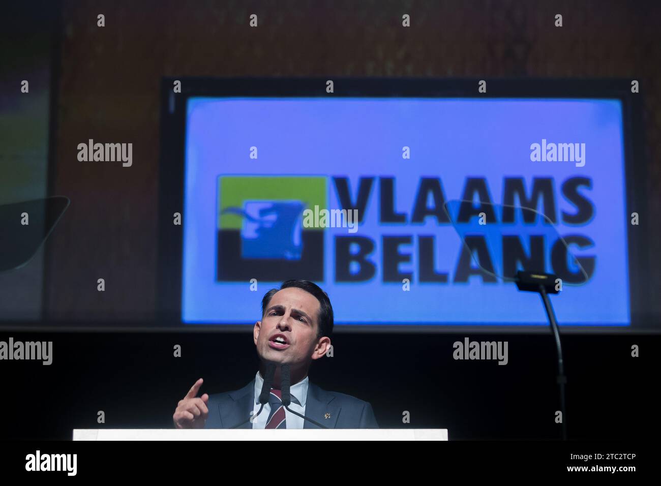 Antwerpen, Belgium. 10th Dec, 2023. Vlaams Belang's Tom Van Grieken ...