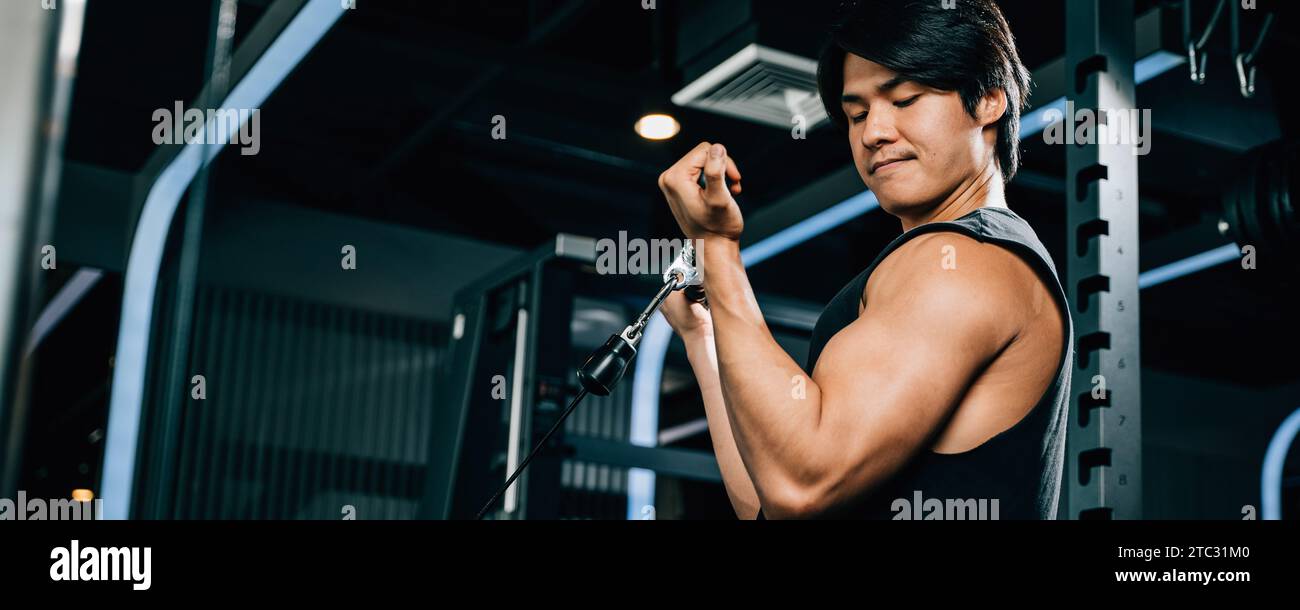 A man doing cable triceps pull ups with a heavy weight Stock Photo - Alamy