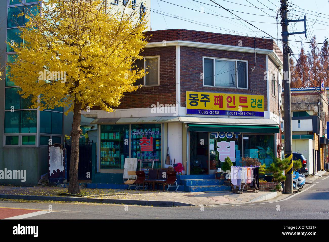 A quaint Korean storefront sits at a block's corner, complemented by a ...